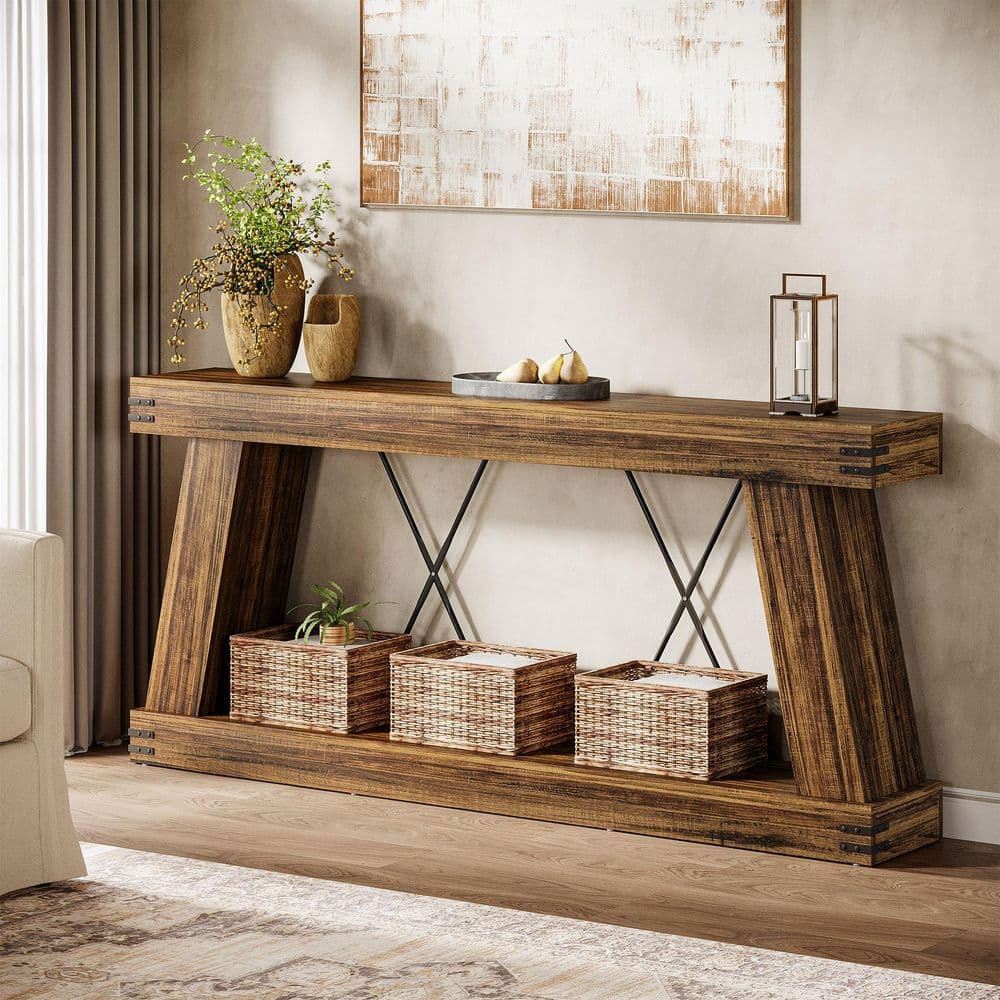 BYBLIGHT Turrella 70.9 in. Brown Rectangle Wood Farmhouse Console Table ...