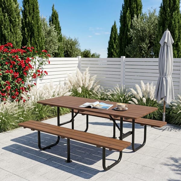 Wooden Outdoor Picnic Table with Attached Seats, Umbrella Hole & Sturdy ...