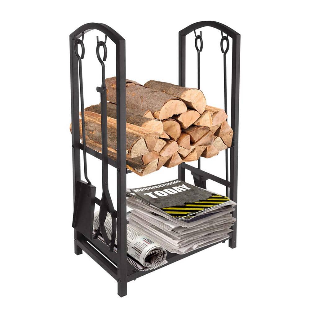 18 in. x 29 in. Outdoor Firewood Log Rack, Black Wrought Iron Steel ...