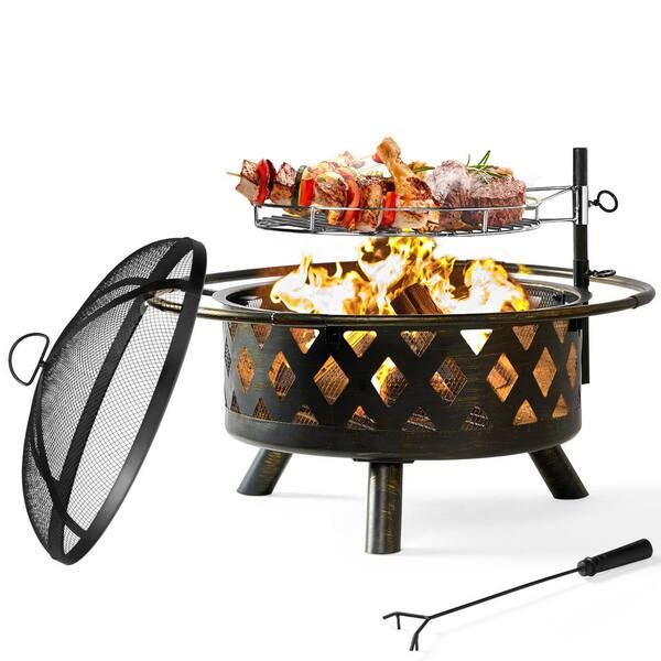 Sizzim 36 in. Black Round Steel Outdoor Wood Burning Fire Pit with ...