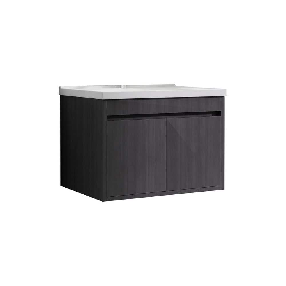TCYO 24 in. Wall-Mounted Grey Oak Bath Vanity with White Ceramic Top ...