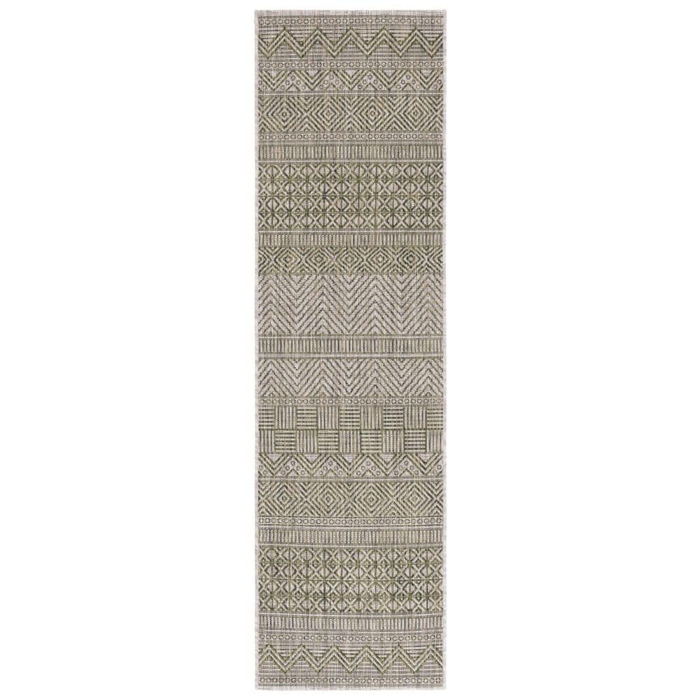 SAFAVIEH Courtyard Gray/Olive Green 2 ft. x 8 ft. Striped Tribal ...