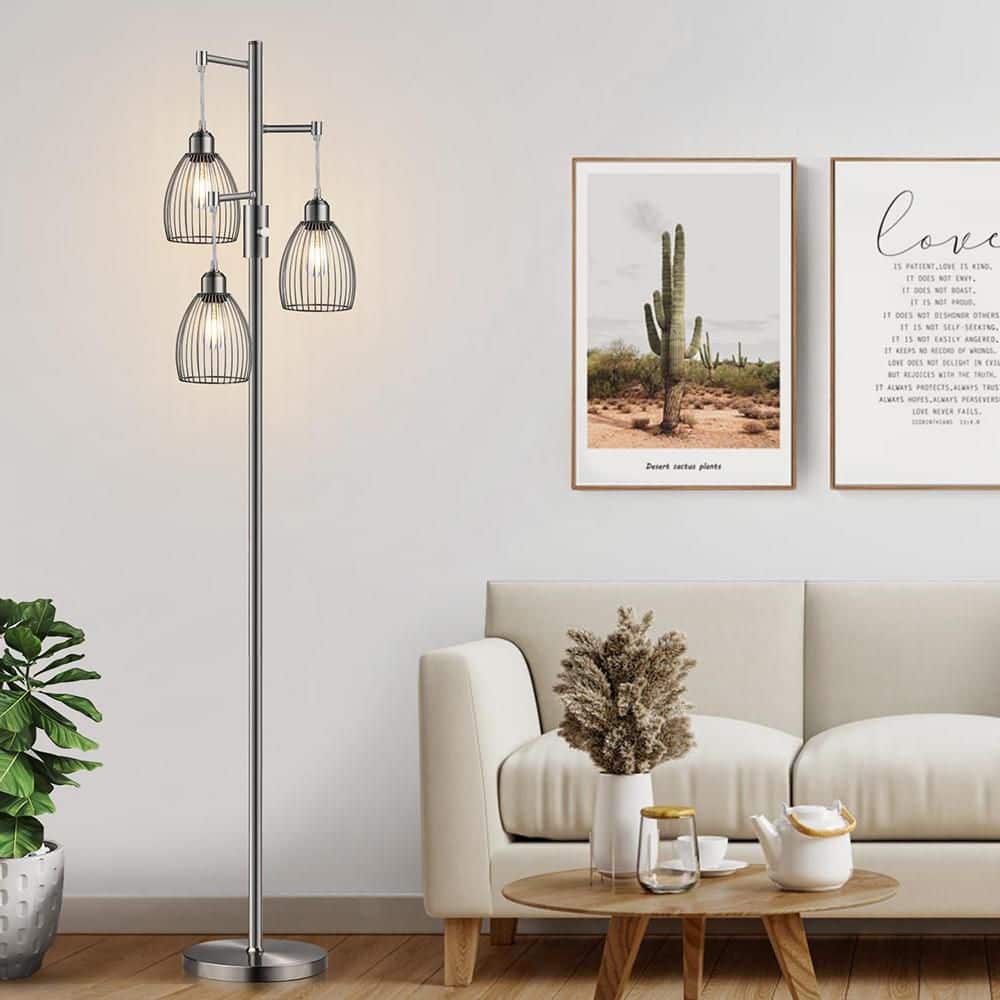 70 in. Silver 3-Light Lantern Floor Lamp with 3 LED Bulbs Included Lamp ...
