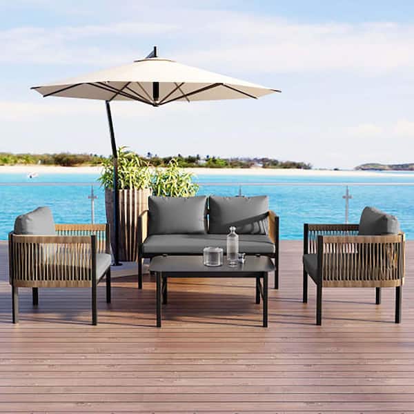 4-Piece Metal Patio Conversation Set with Gray Cushions, Modern Outdoor ...