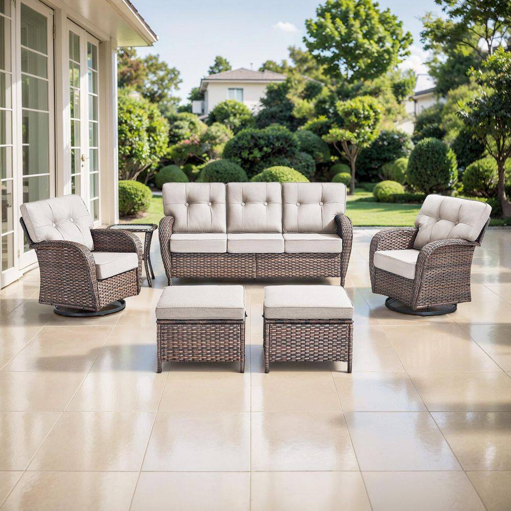 Opohoro TWrap Brown 6-Piece Wicker Patio Conversation Set with Swivel ...
