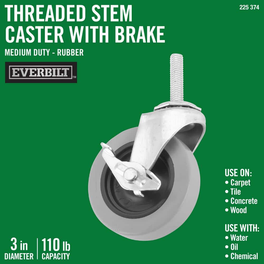 Everbilt 3 in. Threaded Stem with Brake Non-Marking Rubber Caster ...