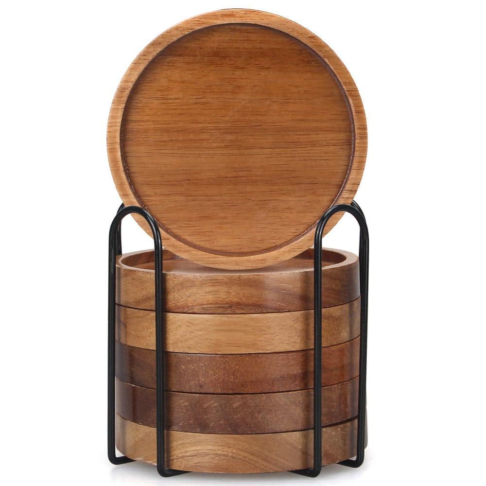Wudkey Set of 6 Modern 4 in. Absorbent Wooden Coasters with Holder ...
