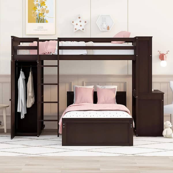 Polibi Espresso Twin Size Loft Bed with a Stand-Alone Bed, Shelves, Desk and Wardrobe RS ...