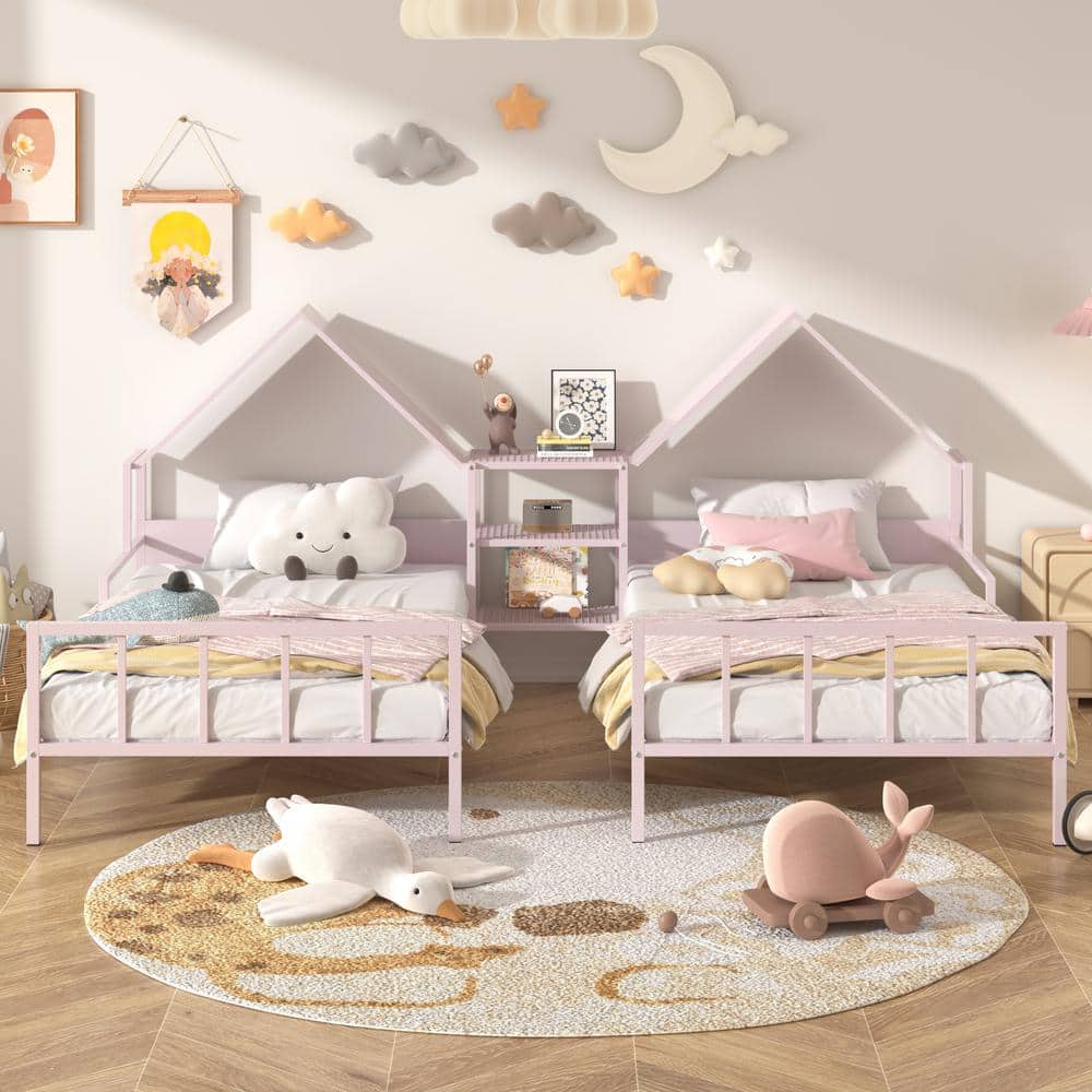 Qualler Pink Twin Size Metal Double Platform Bed with a Built-in ...