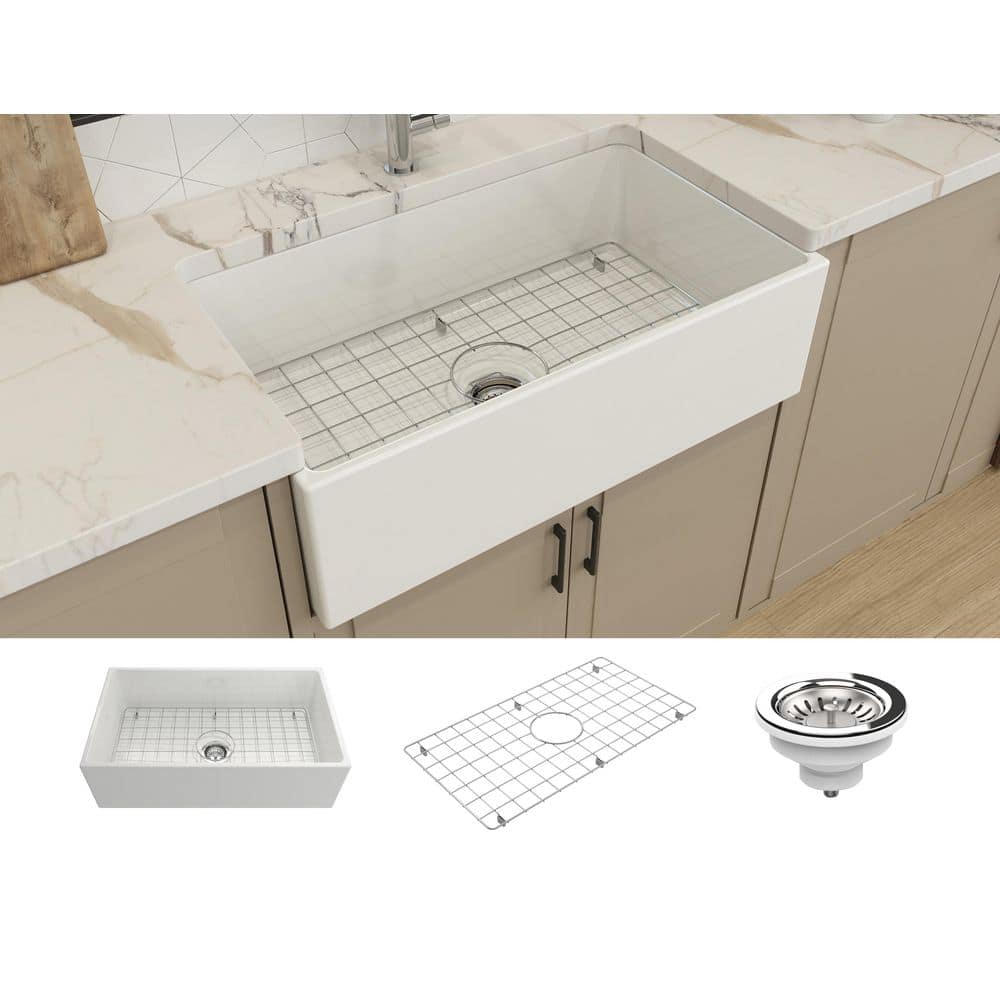 TerraLife Acadia 33 in. Farmhouse Apron Front White Fireclay Single ...