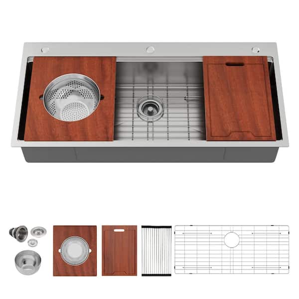 LORDEAR 45" x 22" Drop In Workstation Kitchen Sink 16 Gauge Stainless ...