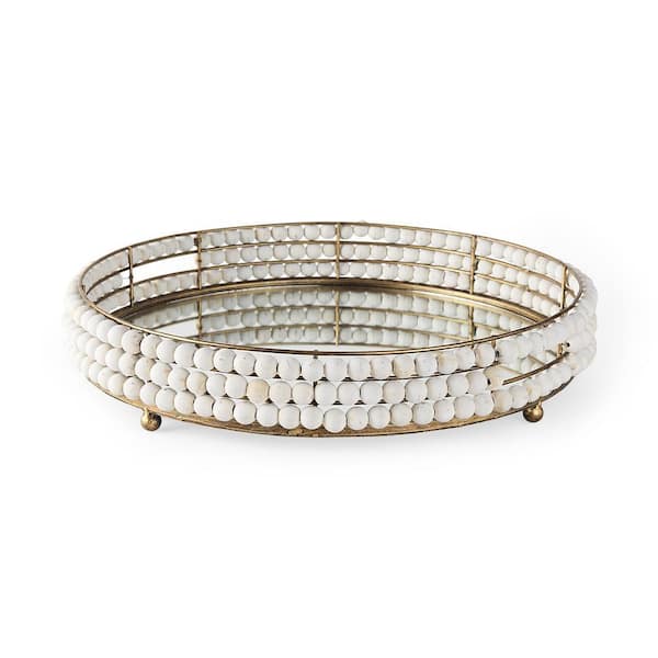 Mercana Decatur I 21 L x 21 W White Wooden Bead Mirrored Bottom Round ...