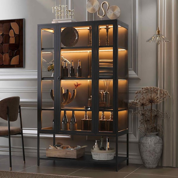 Polibi Black 67.25 in. Accent Cabinet, Display Cabinet with Glass Door ...