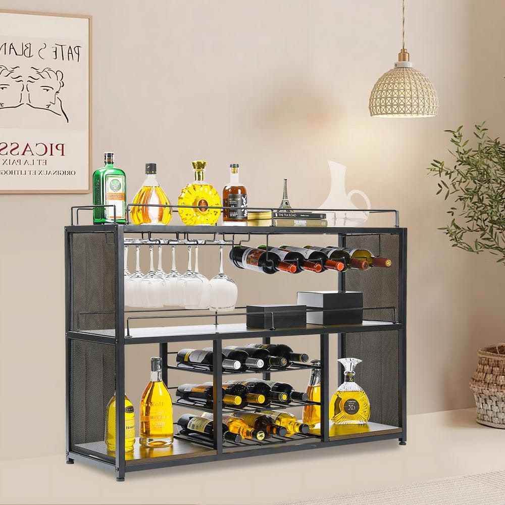 Logmey 3-Shelf Black Iron Bar Cabinet with Glass Holder and Sliding ...