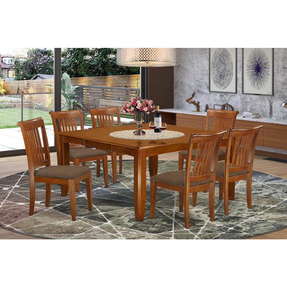 East West Furniture 7-Piece Square Saddle Brown Finish Solid Wood Top ...