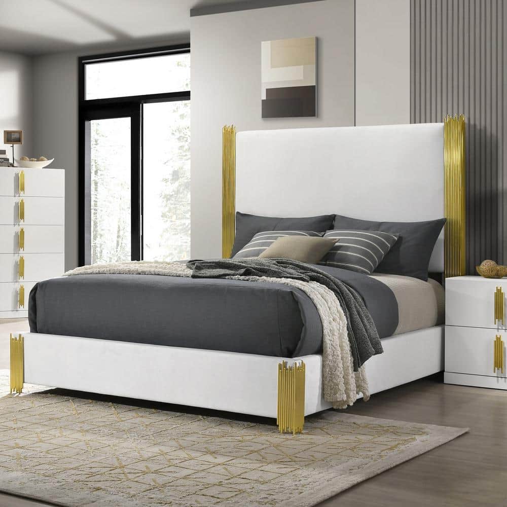 Furniture of America Serten White Wood Frame King Panel Bed with Metal ...
