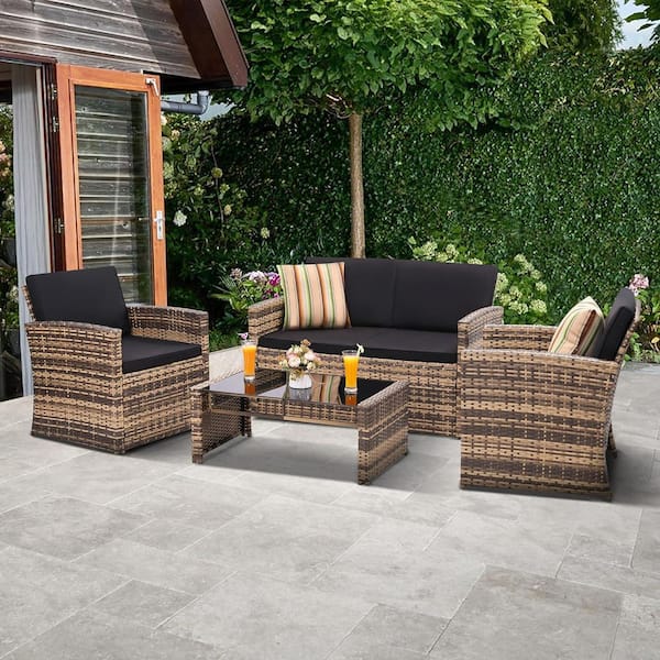 4-Piece Brown Wicker Patio Conversation Set with Black Cushions and ...