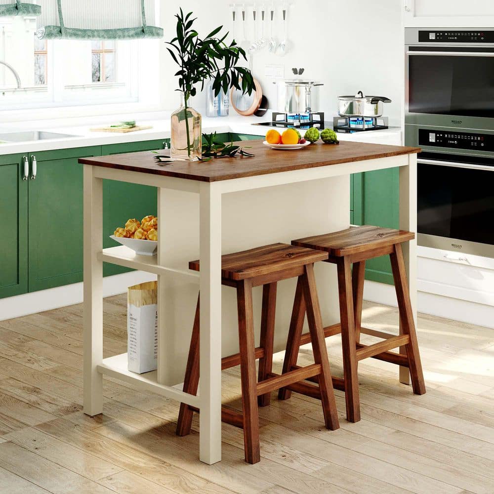 White Wood 45 in. Kitchen Island, Solid Wood Rustic 3-piece 45 ...