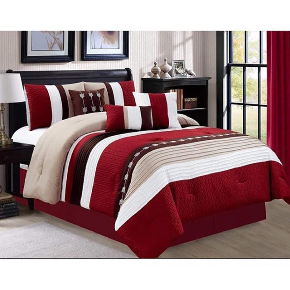 Shatex Polyester Burgundy Strips 7-piece Comforter Bedding Set Queen ...