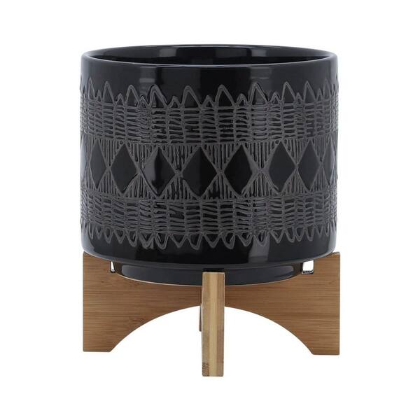 Cubilan Ceramic 8 in. Aztec Planter with Wooden Stand 6 in. Tall Black ...