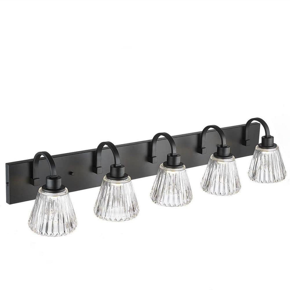 JAZAVA 41 in. 5 Light Black LED Vanity Light with Fluted Ripple Glass ...