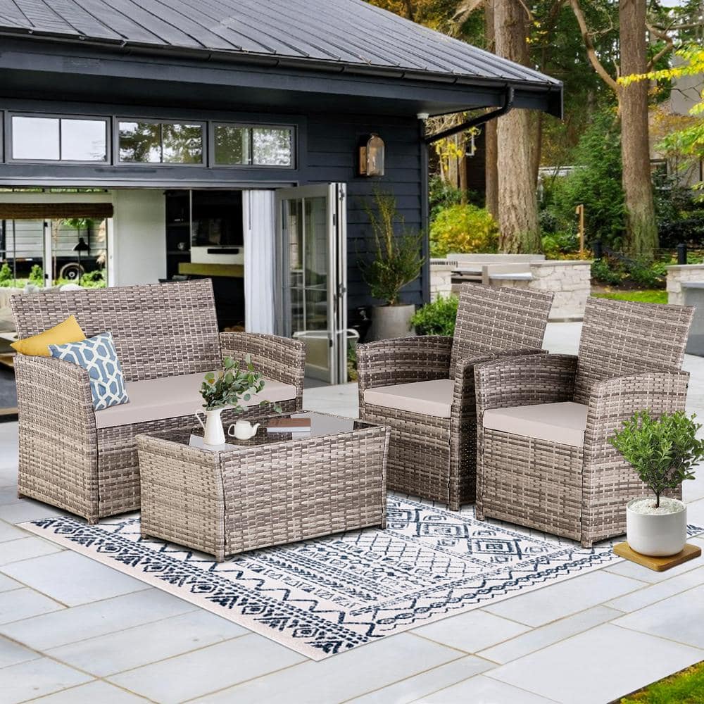 JUSKYS 4-Piece Outdoor Patio Wicker Furniture Sectional Sofa Set with ...