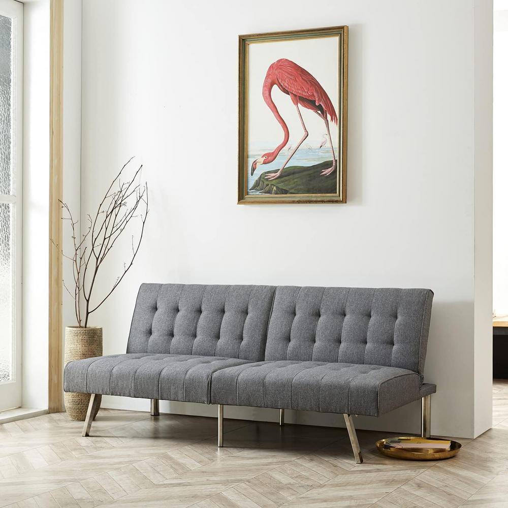 HOMESTOCK Gray Linen Tufted Split Back Convertible Futon Sofa Bed ...