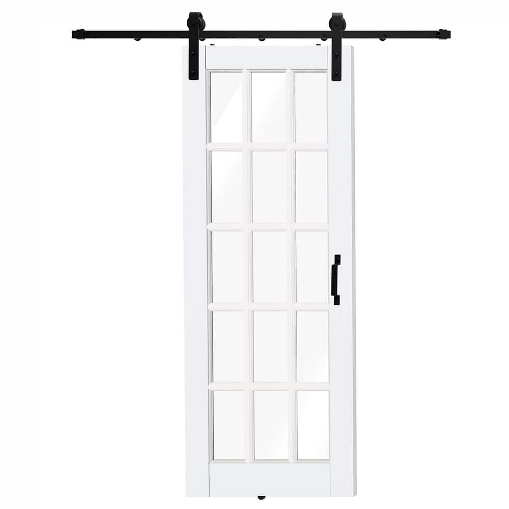 TENONER 30 in. x 80 in. 15 Lite Clear Glass White Primed Pine Wood Barn ...