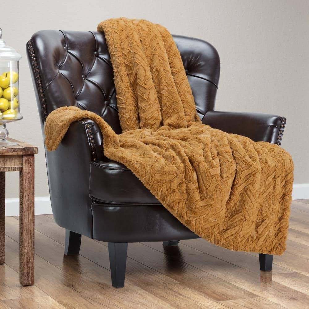 CHANASYA Faux Fur Golden Soft Cloud Embossed Textured Throw Blanket, 50 ...