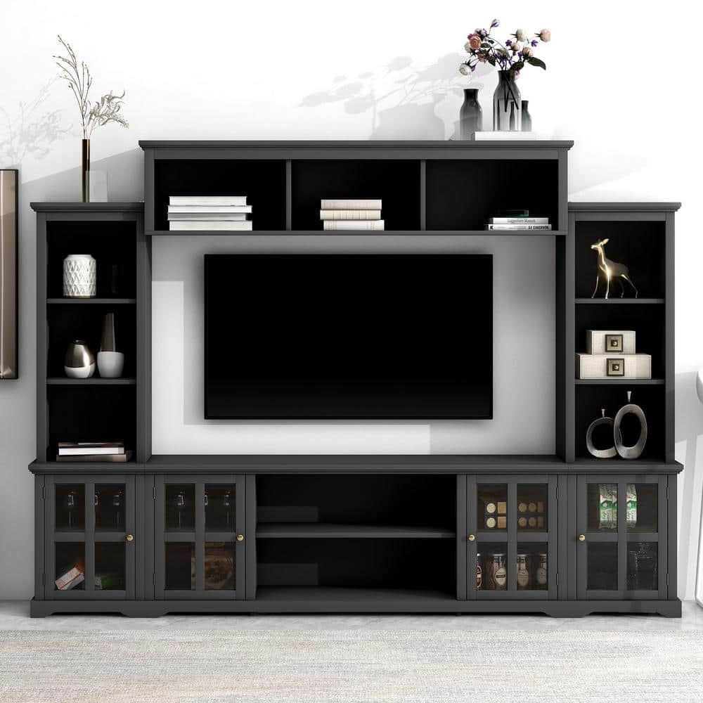 Lycvki Black Entertainment Center TV Stand with Tempered Glass Door and ...