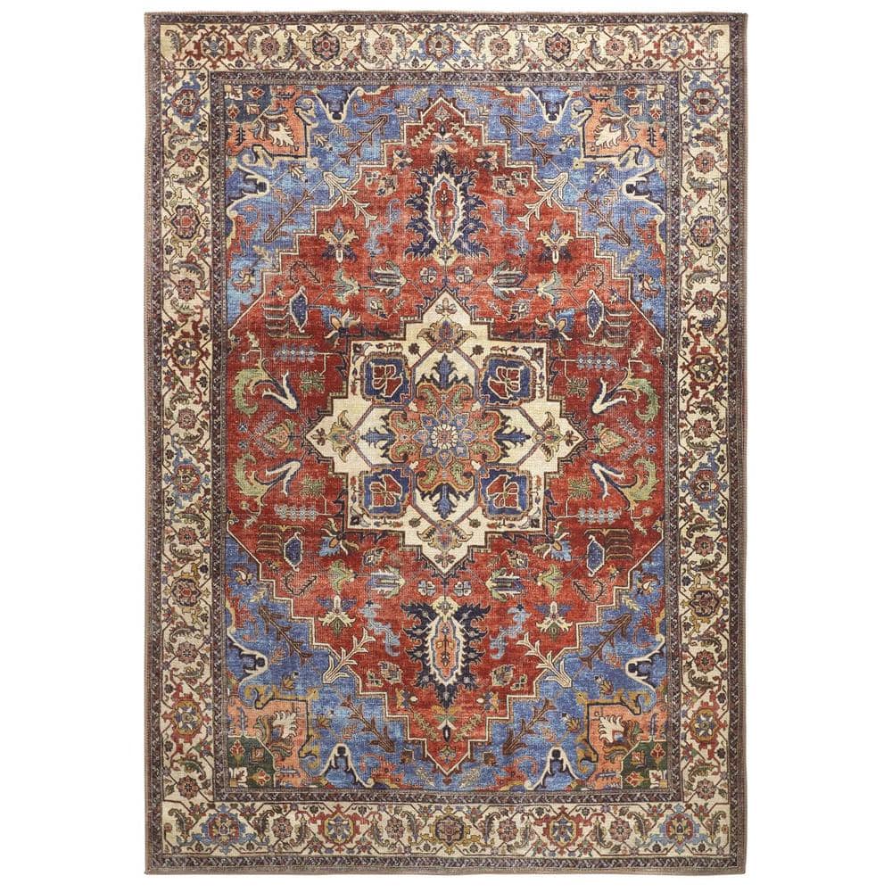 HomeRoots 5 x 8 Blue and Orange Floral Area Rug 2000515060 - The Home Depot