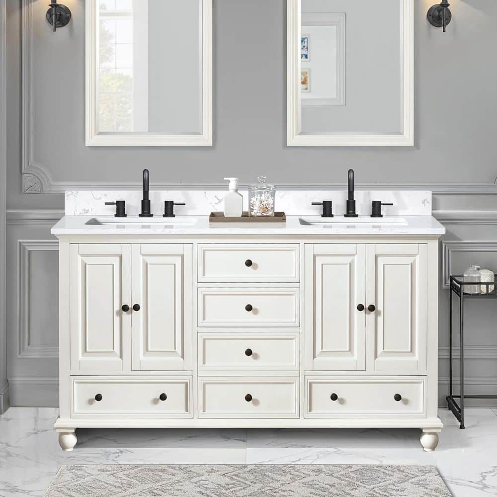Avanity Thompson 61 in. Double Sink French White Bath Vanity with Cala ...