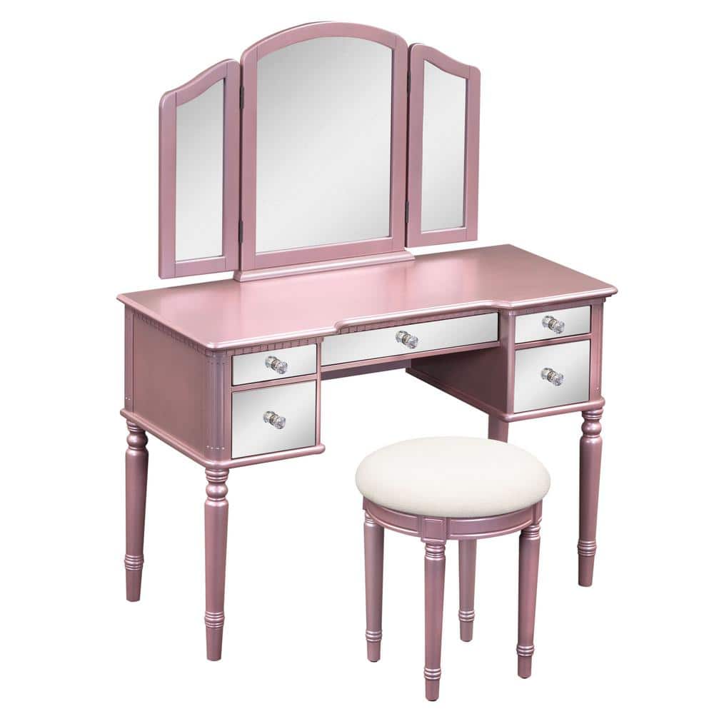 2-Piece Rose Gold Mirror Makeup Vanity Set with Mirrored Drawers and ...