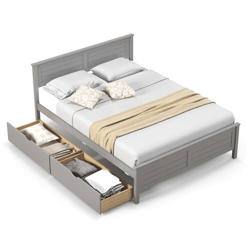 Gymax Gray Wooden Frame Full Platform Bed with 2-Storage Drawers and ...