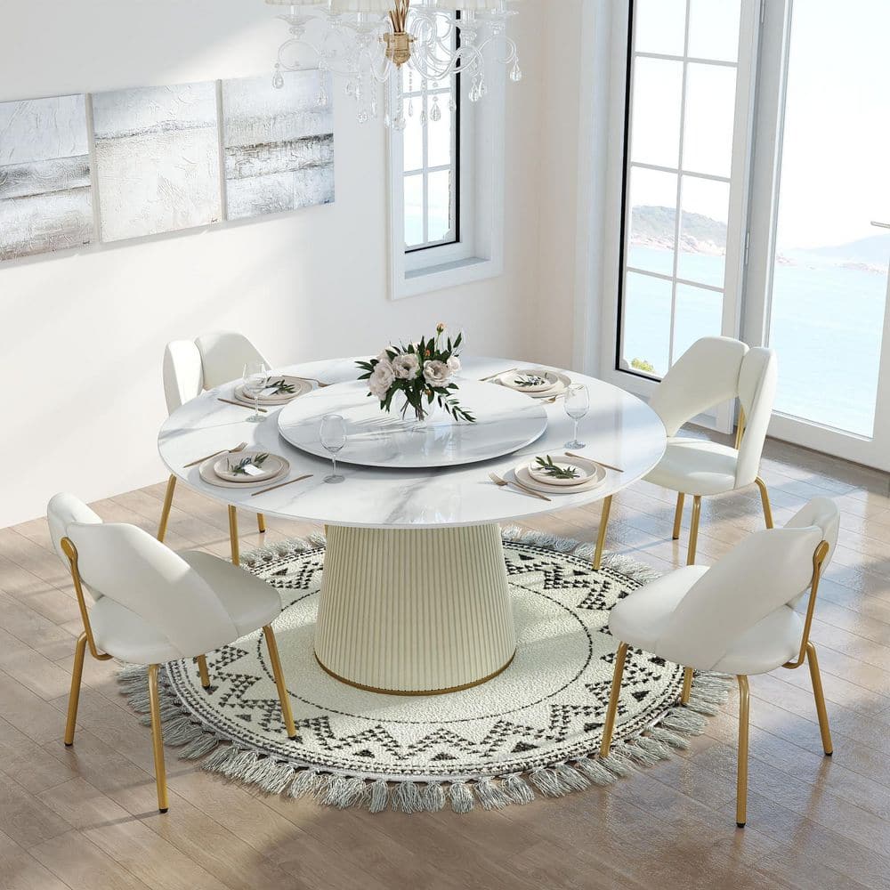 Magic Home 53.15 in. White Circular Rotable Sintered Stone Tabletop ...