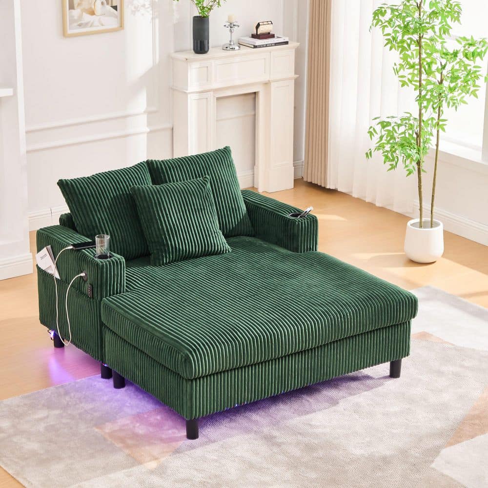 Noble House Ely Emerald Chenille Upholstered Chaise Lounge Sofa with ...