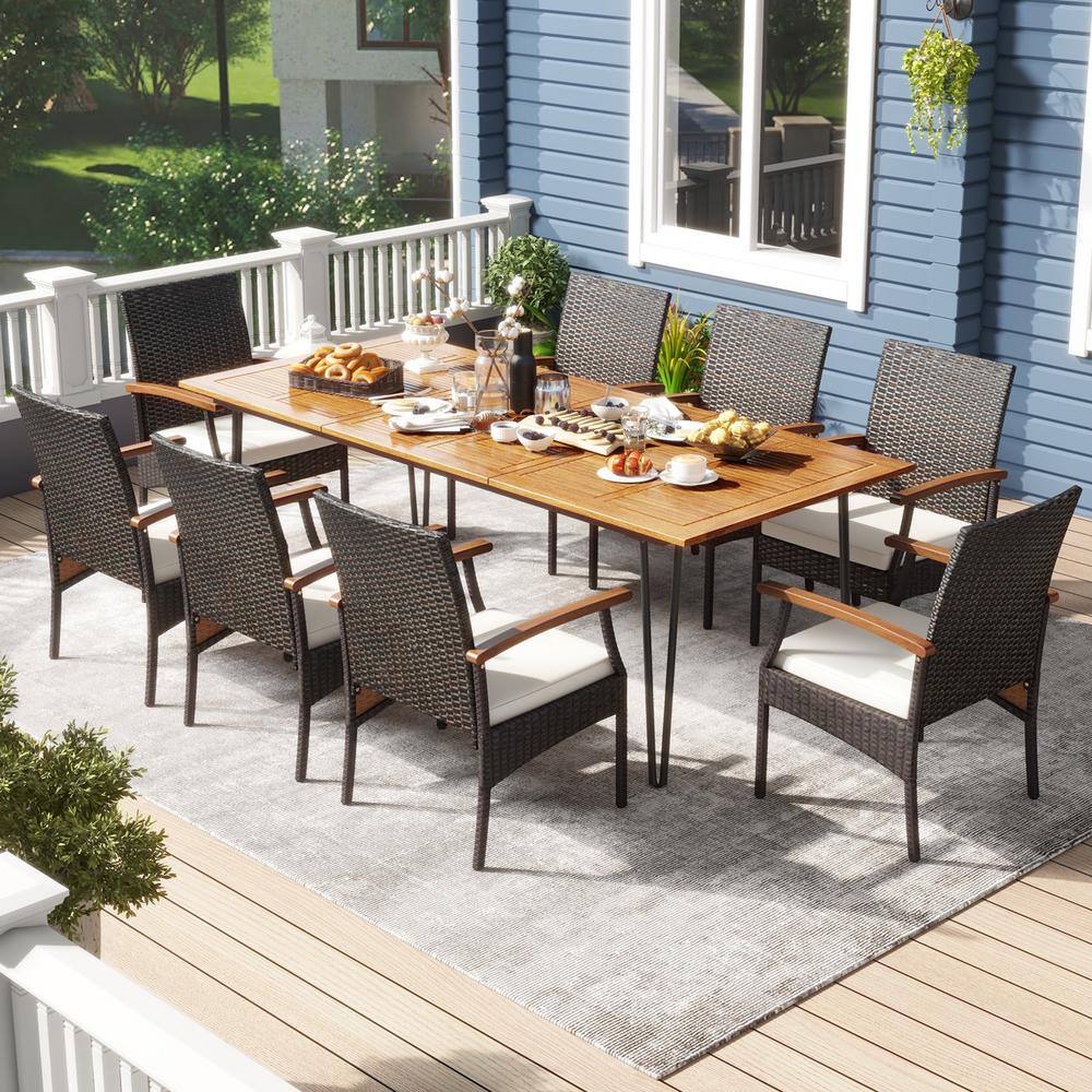 ANGELES HOME 9-Piece Acacia Wood Metal Patio Outdoor Dining Set with ...