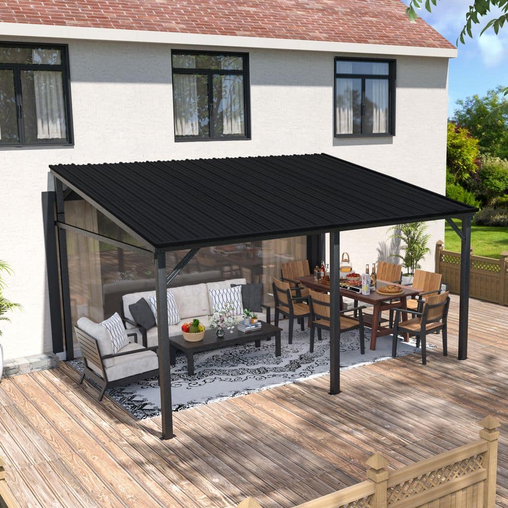 VEIKOUS 14 ft. x 10 ft. Patio Covers with Metal Roof Wall-Mount Gazebo ...