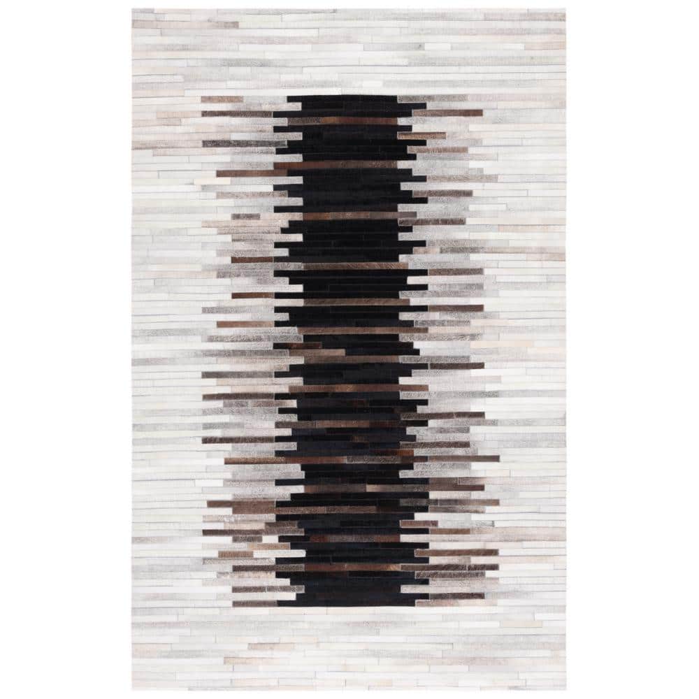 SAFAVIEH Studio Leather Gray Brown 4 ft. x 6 ft. Border Striped Area ...