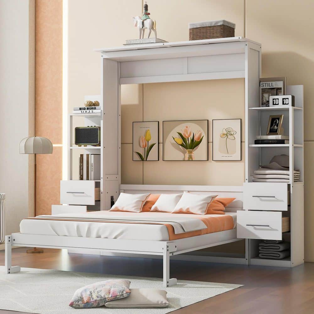 Polibi White Wood Frame Queen Murphy Bed with Shelves, Drawers and LED ...