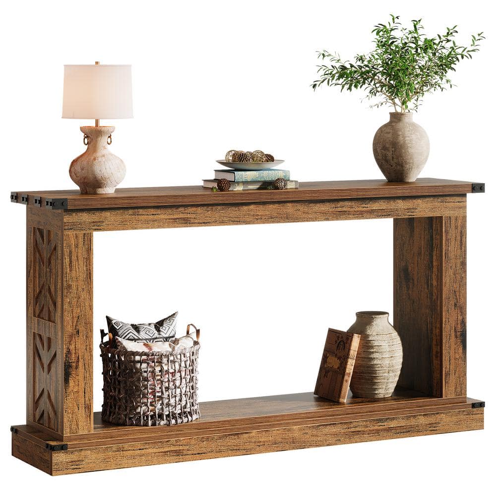 BYBLIGHT 63 in. Brown Farmhouse Rectangle Wood Console Table with 2 ...