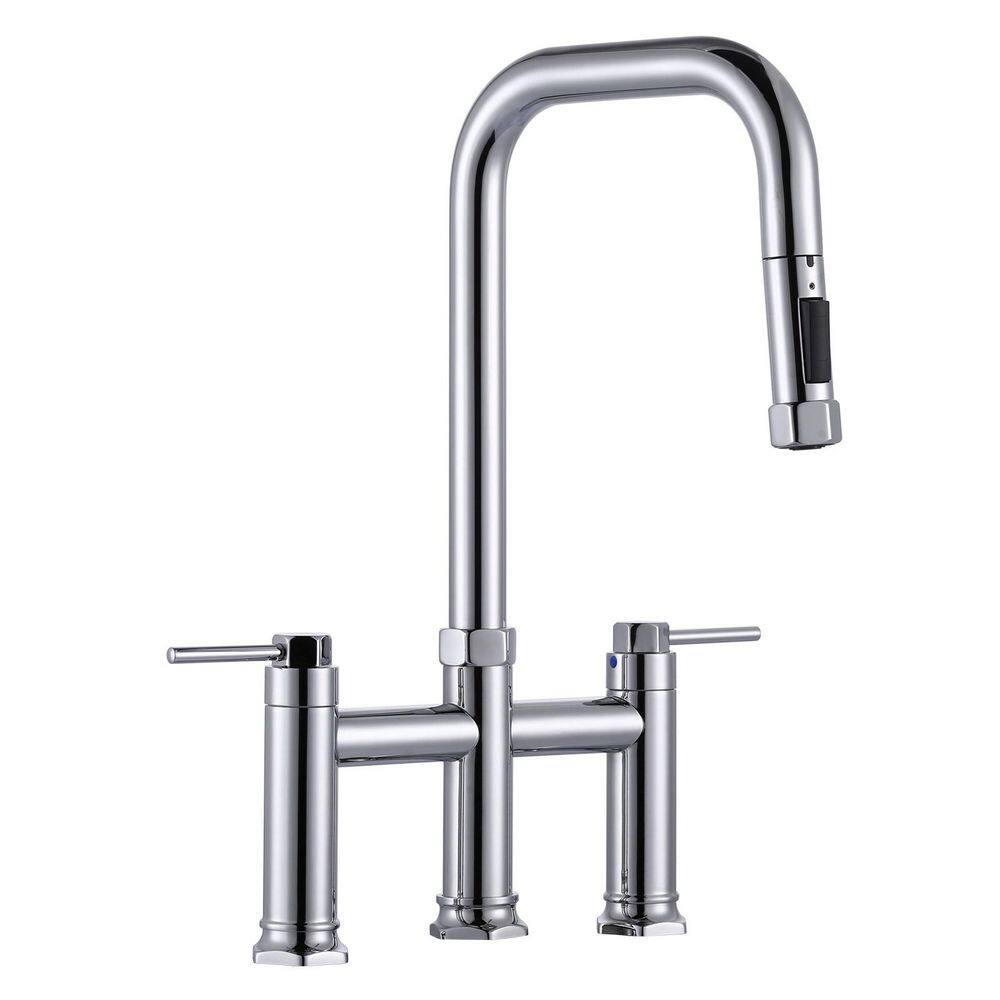 VEVETTA 3 Holes Double Handle Bridge Kitchen Faucet with Pull Down ...