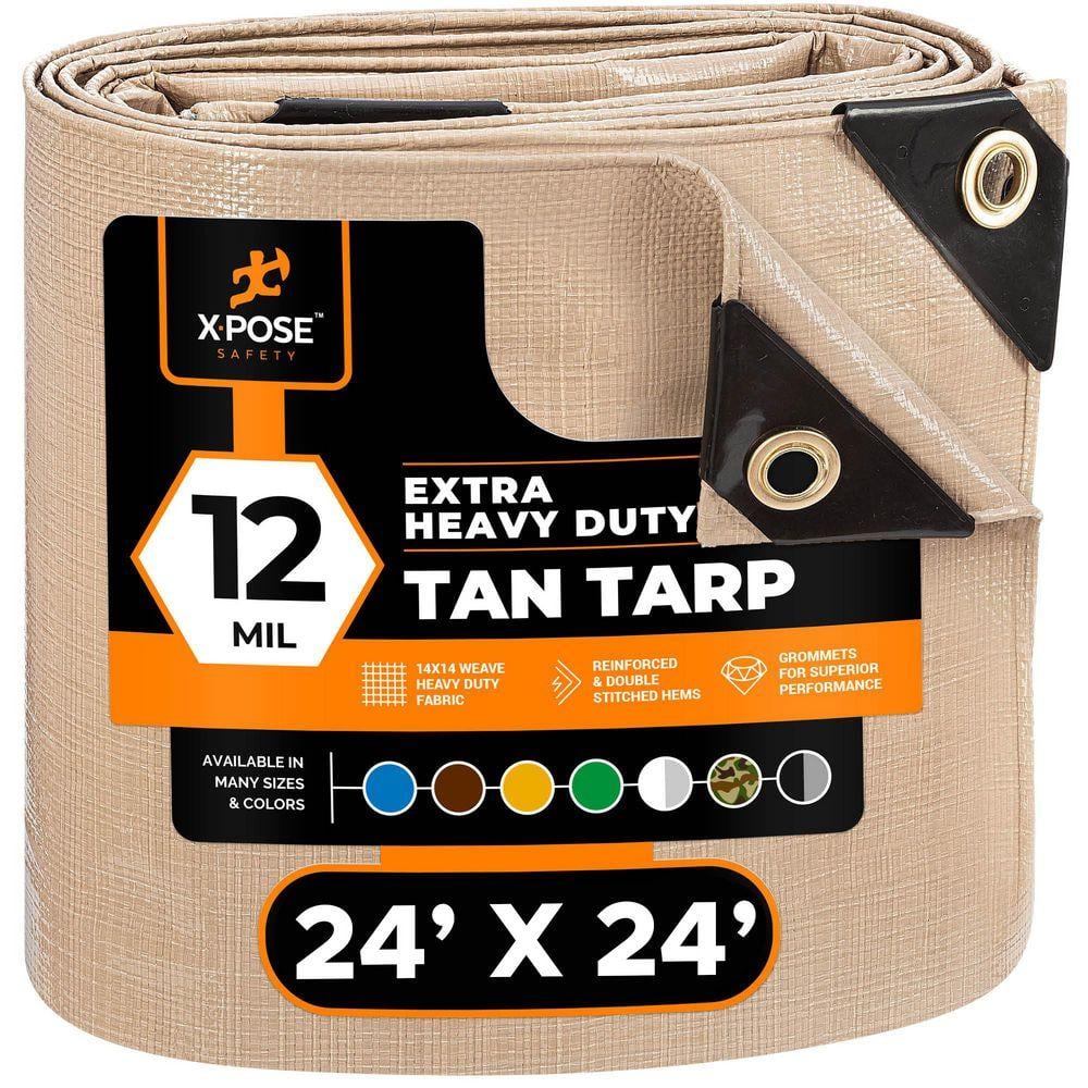 XPOSE SAFETY Heavy-Duty Tan Poly Tarp 24 ft. X 24 ft. Multipurpose ...