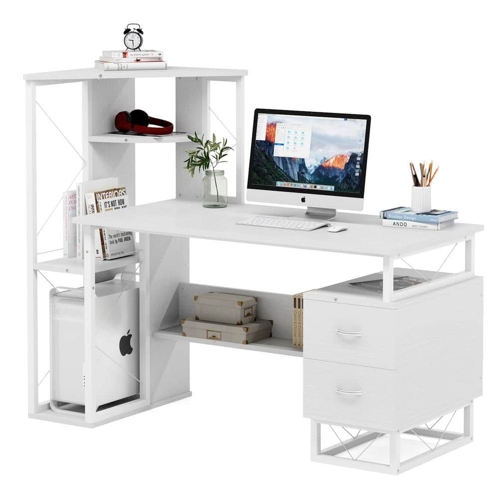Tribesigns Cassey 56.3 in. Retangular White Wood and Metal 2-Drawer ...