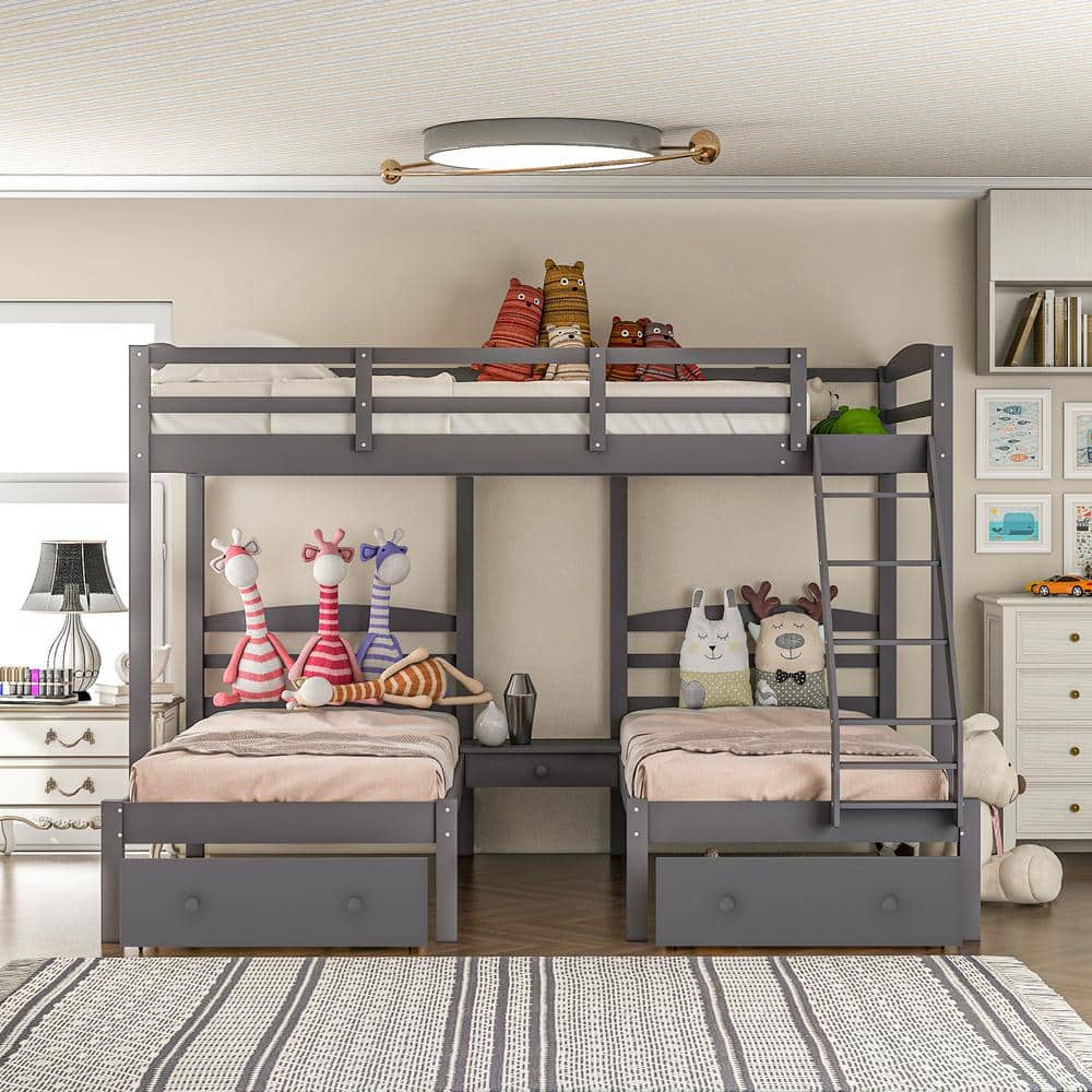 Angel Sar Gray Full Over Twin and Twin Triple Bunk Bed with Drawers ...