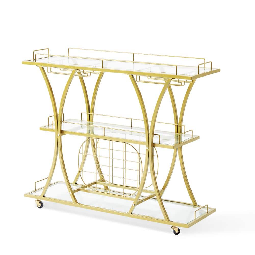 SKYSHALO Kitchen Cart Gold, 3-Tiers Home Bar Serving Cart on Lockable ...