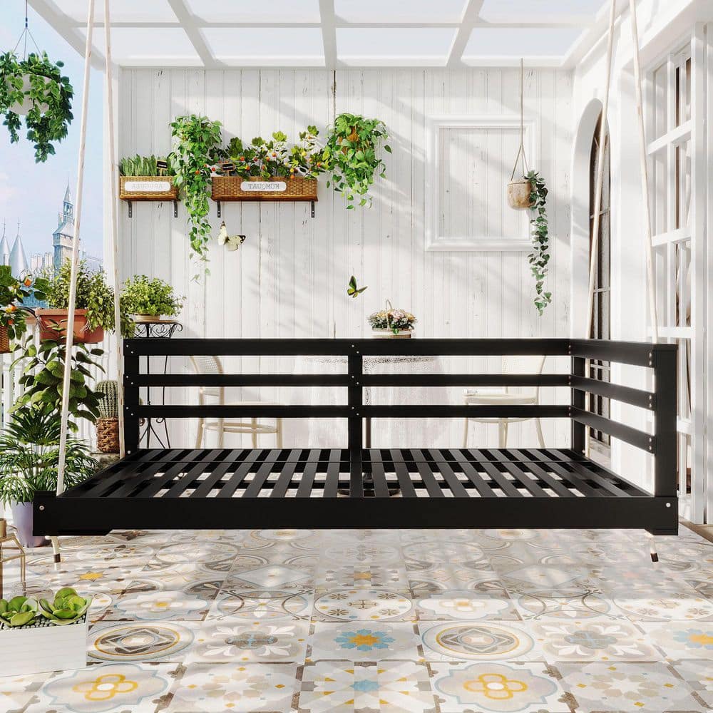 Ama pear Black 80 in. 2-Person Wood Porch Swing Patio Twin Size Swing ...
