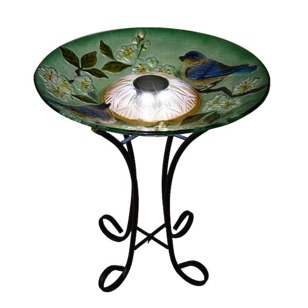 HI-LINE GIFT LTD. Solar LED Floral Glass Bird Bath with Stand - Blue ...