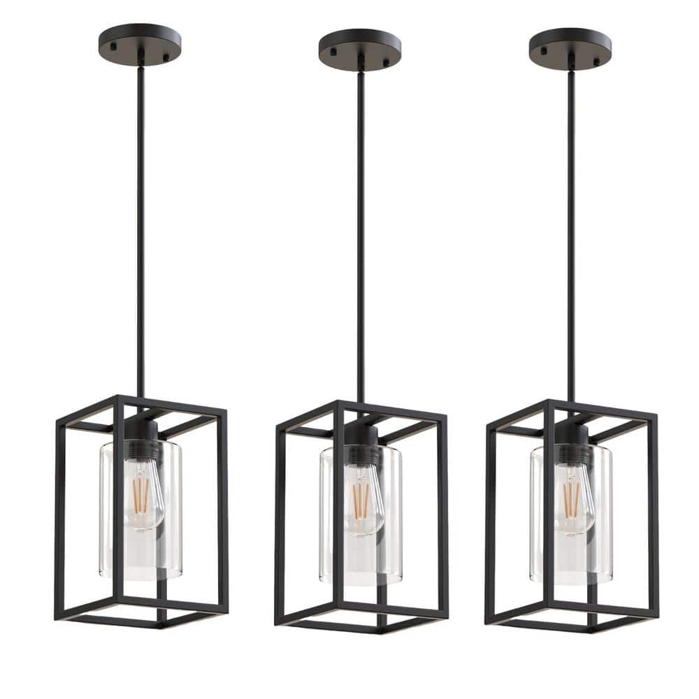 YANSUN 7 in. 1-Light Rectangle Black Pendant Light with Clear Glass ...