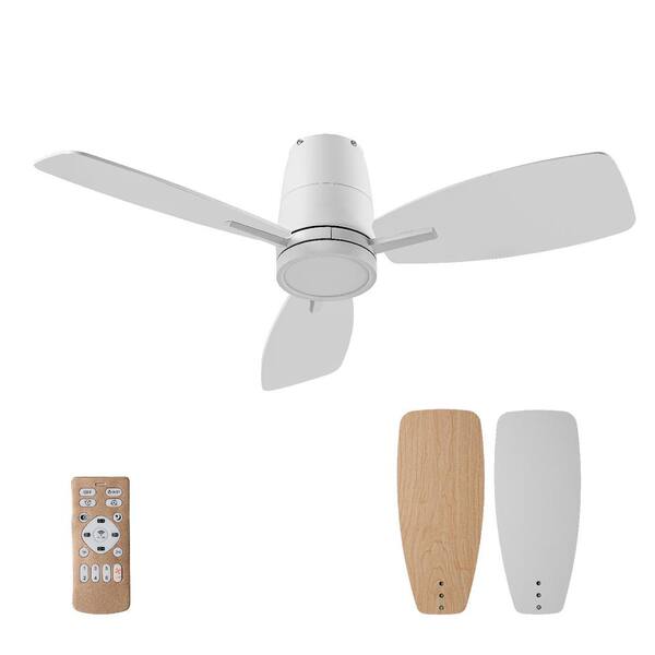 QRMOK 42 in. LED Indoor White Flush Mount Ceiling Fan with 3-Color ...